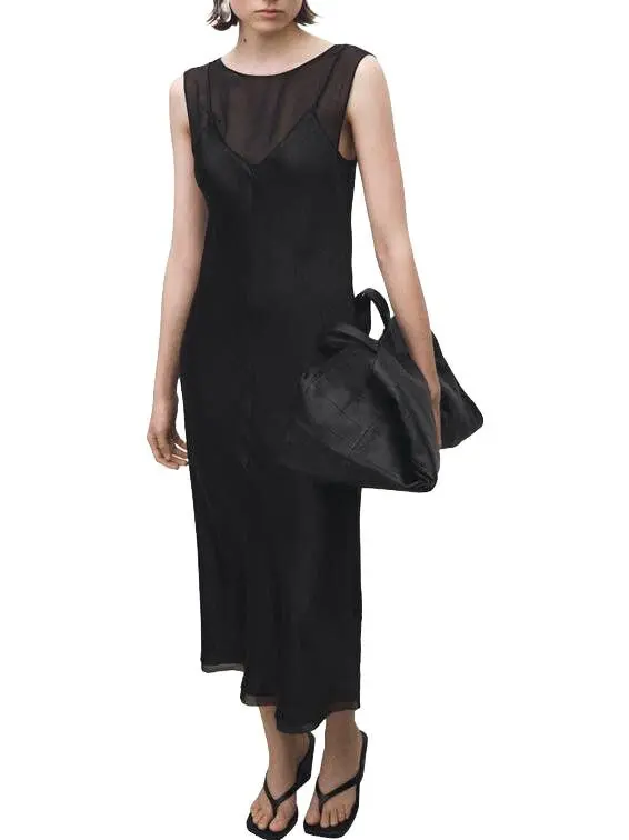 Mango Contrasting Sleeveless Satin Maxi Dress - Black