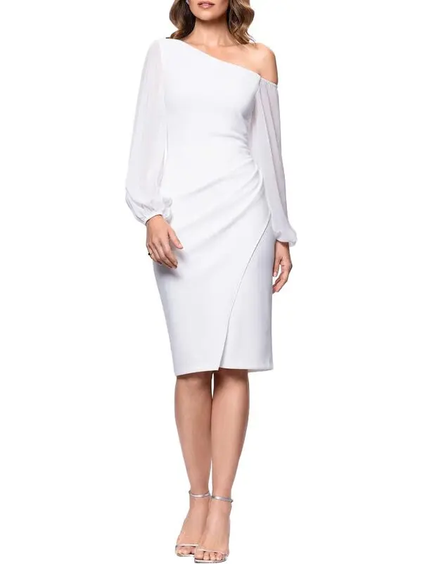 Betsy & Adam Sheer Sleeve One-shoulder Scuba Crepe Cocktail Dress - Ivory