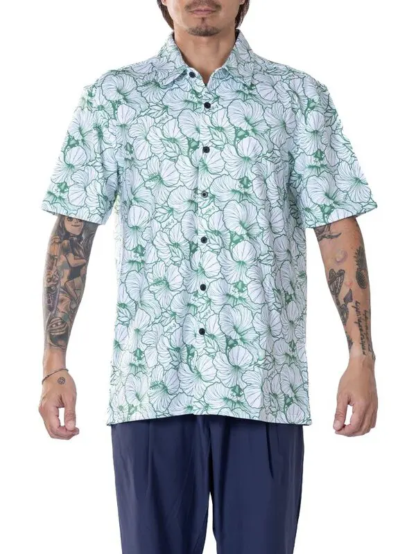 VAST Hibiscus Print Floral Short Sleeve Performance Button-up Shirt - Green