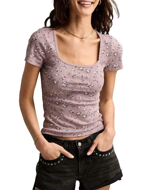 Lucky Brand Floral Pointelle Square Neck T-shirt - Mauve Floral