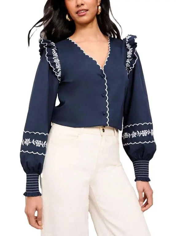 FRIENDS LIKE THESE Ruffle Embroidered Scallop Trimmed Top - Blue