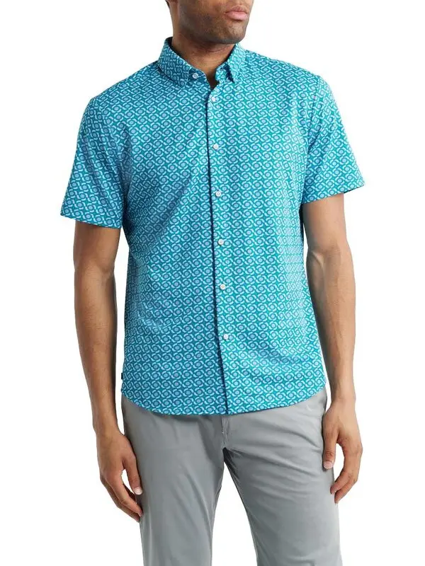 Mizzen+main Halyard Trim Fit Kaleidoscope Print Short Sleeve Button-up Shirt - Teal Kaleidoscope