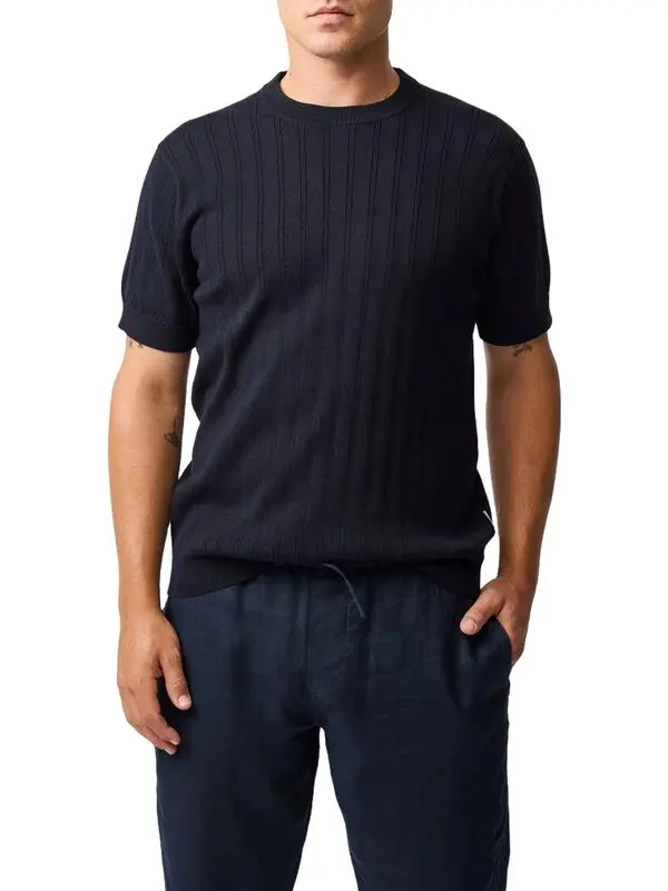 Rodd & Gunn Canning Street Short Sleeve Stripe Cotton & Hemp Crewneck Sweater - Midnight