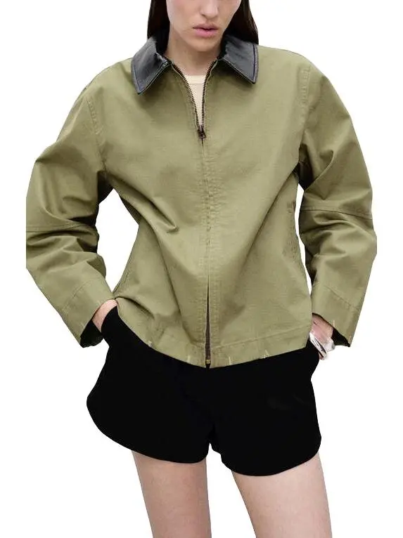 Mango Cotton Twill Jacket With Faux Leather Collar - Khaki Green