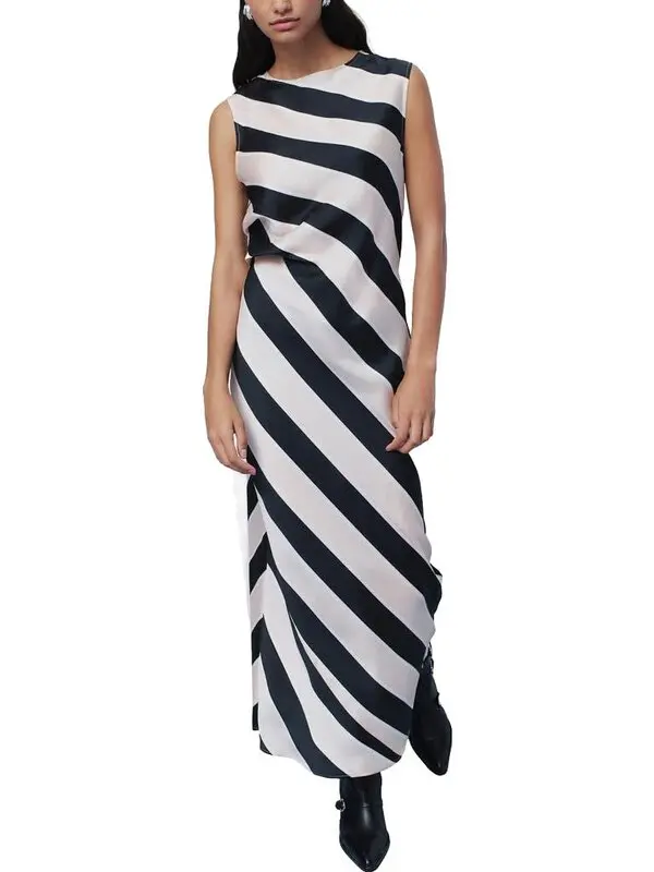 NEXT Striped Sleeveless Satin Midi Dress - Black