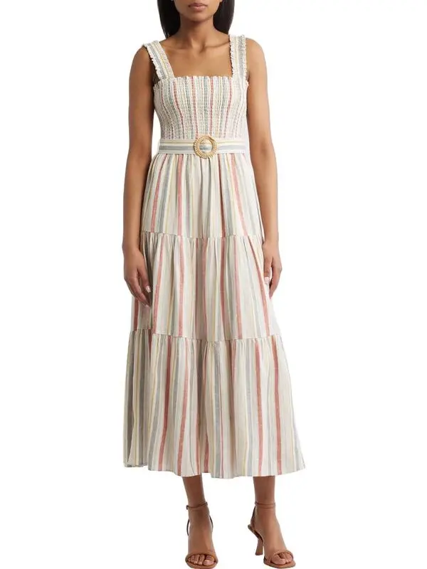 Anne Klein Smocked Bodice Belted Tiered Midi Sundress - Egret Multi