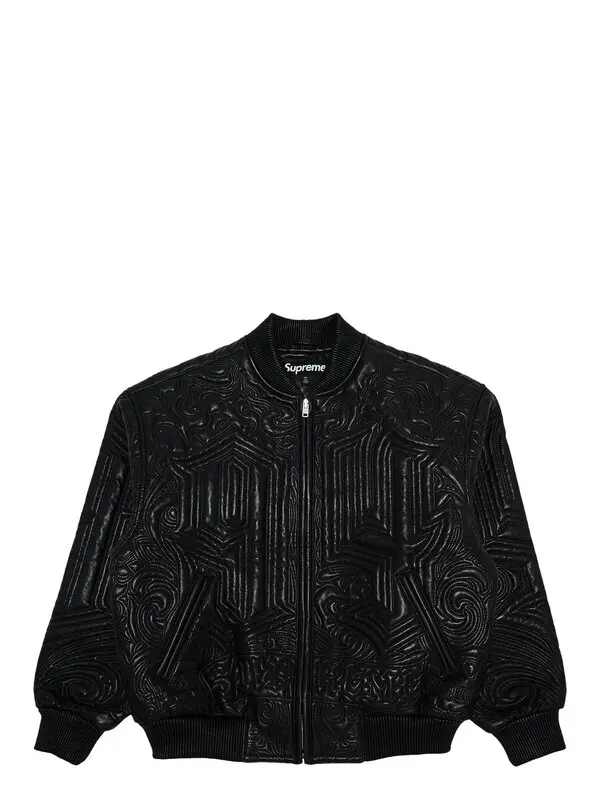 Supreme Mister Cartoon Embroidered Leather Jacket - Black