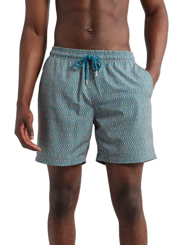 Stone Rose Retro Geometric Print Swim Trunks - Blue
