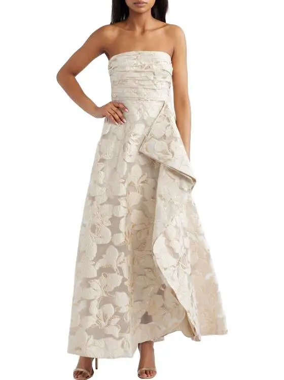 TAHARI ASL Metallic Floral Jacquard Strapless Gown - Pearl