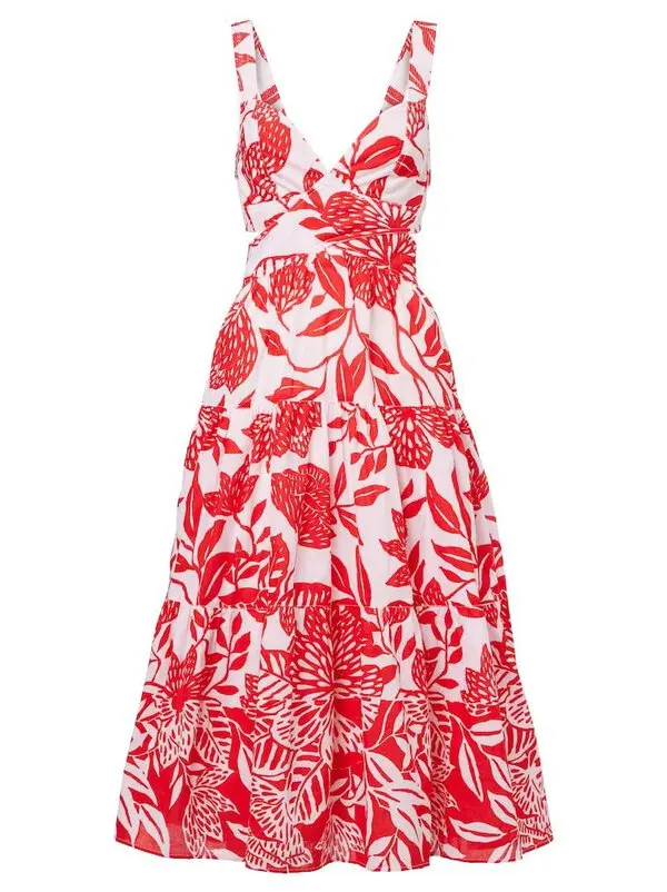 Poupette St Barth Coco Floral Cotton Midi Dress - Red