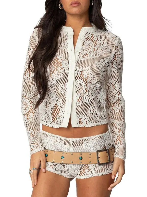EDIKTED Peyson Sheer Lace Button-up Shirt - Cream