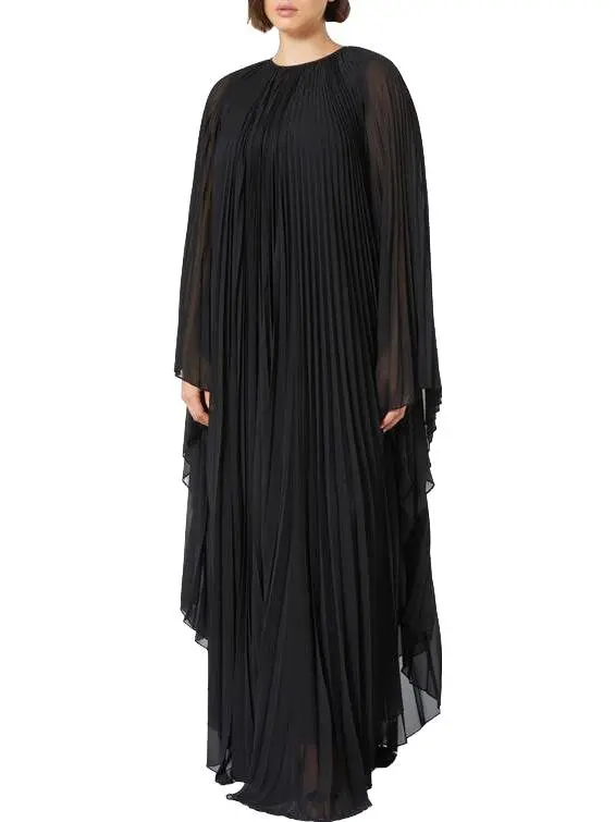 Marina Rinaldi Battage Cape Sleeve Pleated Maxi Dress - Black
