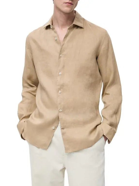 Mango Slim Fit Linen Button-up Shirt - Beige