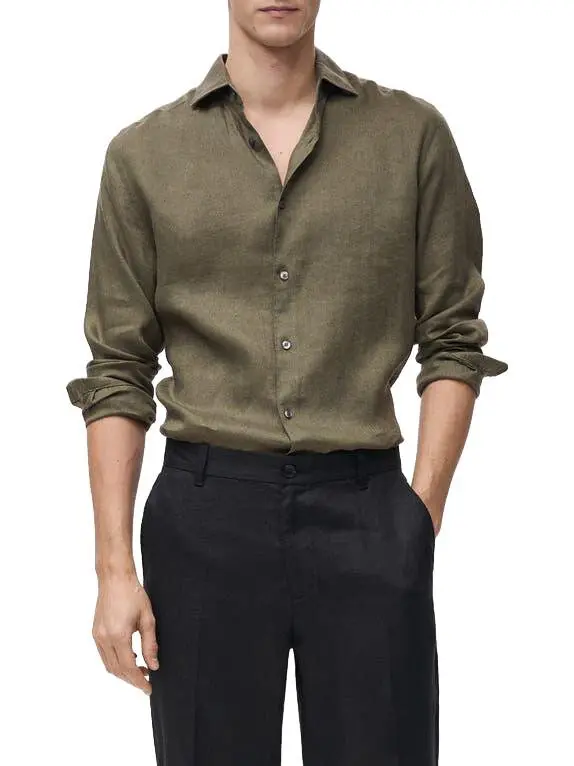 Mango Slim Fit Linen Button-up Shirt - Khaki Green