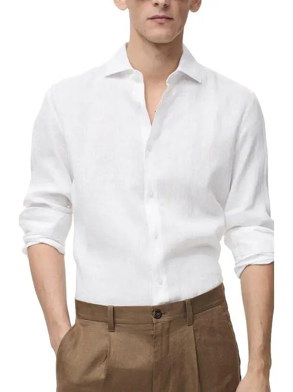 Mango Slim Fit Linen Button-up Shirt - White