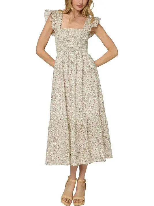 THE STANDARD STITCH Flounce Smocked Midi Dress - Ivory Floral