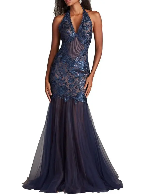 Tadashi Shoji Sequin Embroidered Halter Mermaid Gown - Midnight