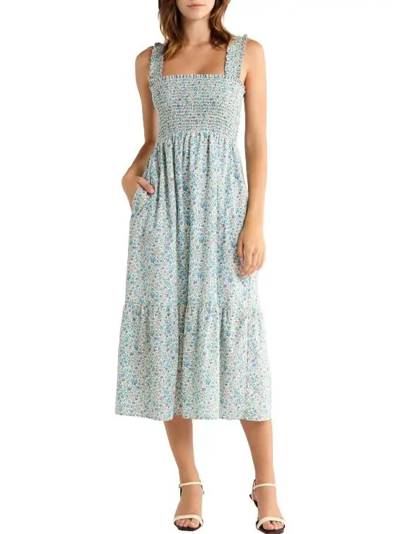 THE STANDARD STITCH Smocked Ruffle Tank Midi Dress - Blue Bouquet