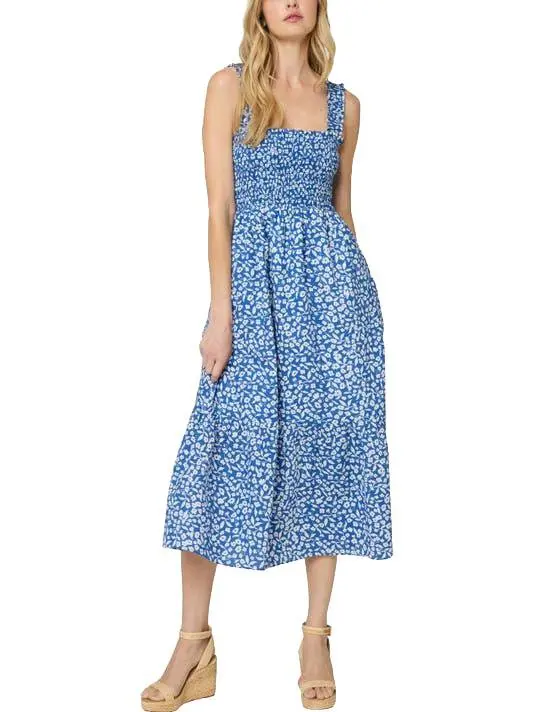 THE STANDARD STITCH Smocked Ruffle Tank Midi Dress - Blue Floral
