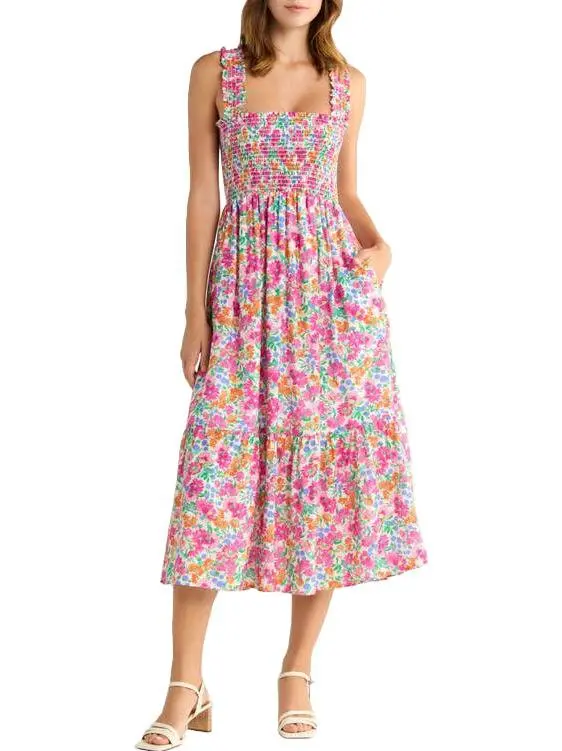 THE STANDARD STITCH Smocked Ruffle Tank Midi Dress - Pink Floral