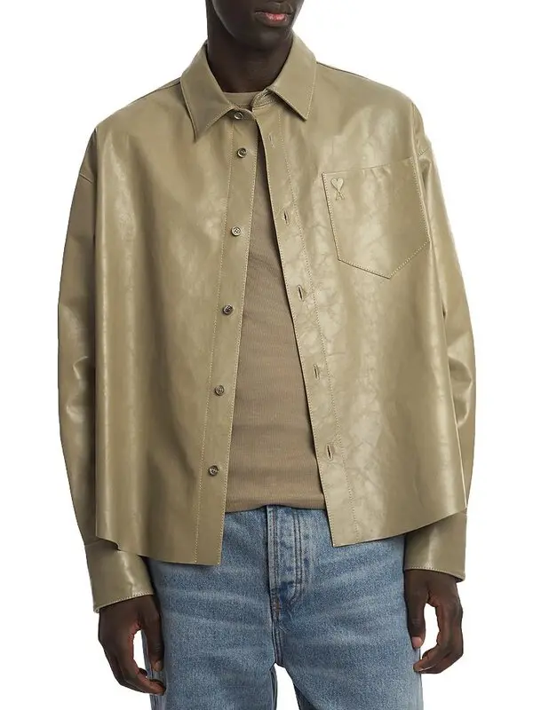 Ami Boxy Fit Leather Shirt Jacket - Laurel