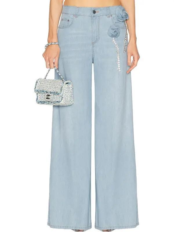 AREA Crystal Rosette Wide Leg Jeans - Super Light Blue