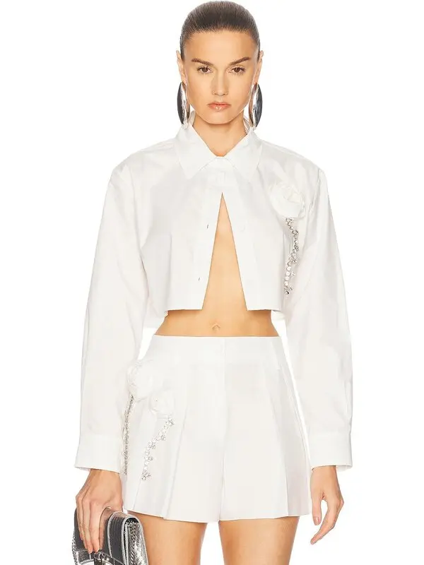 AREA Crystal Rosette Poplin Cropped Shirt - Off White