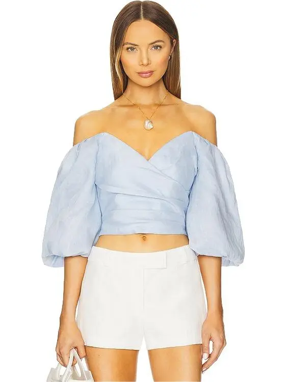 Bardot Eva Linen Top - Soft Blue