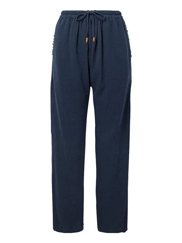 Caravana Wakun Leather-trimmed Cotton-gauze Track Pants - Navy