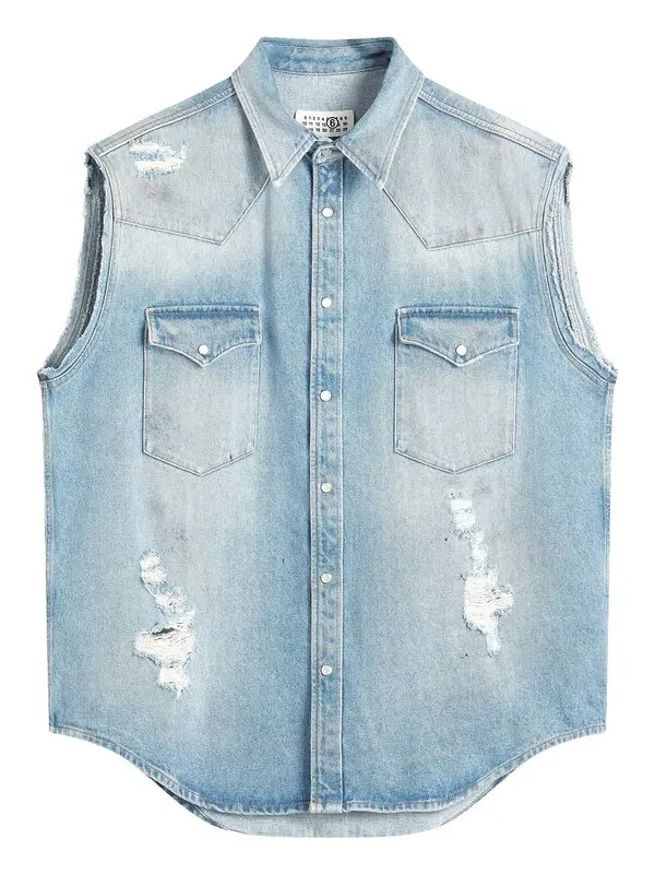 MAISON MARGIELA Sleeveless Distressed Denim Shirt - Medium Blue