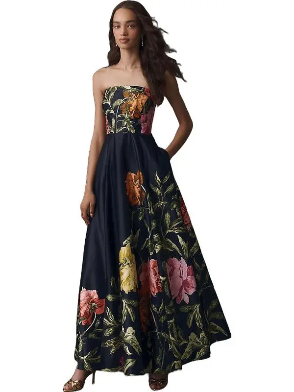 Bhldn Kira Strapless Printed Maxi Dress - Blue Pattern