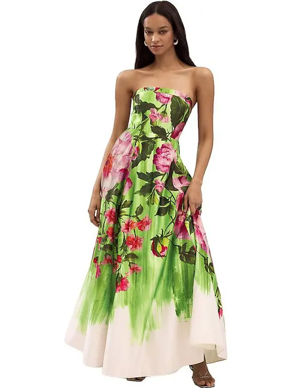 Bhldn Kira Strapless Printed A-line Maxi Dress - Green Printed Combo