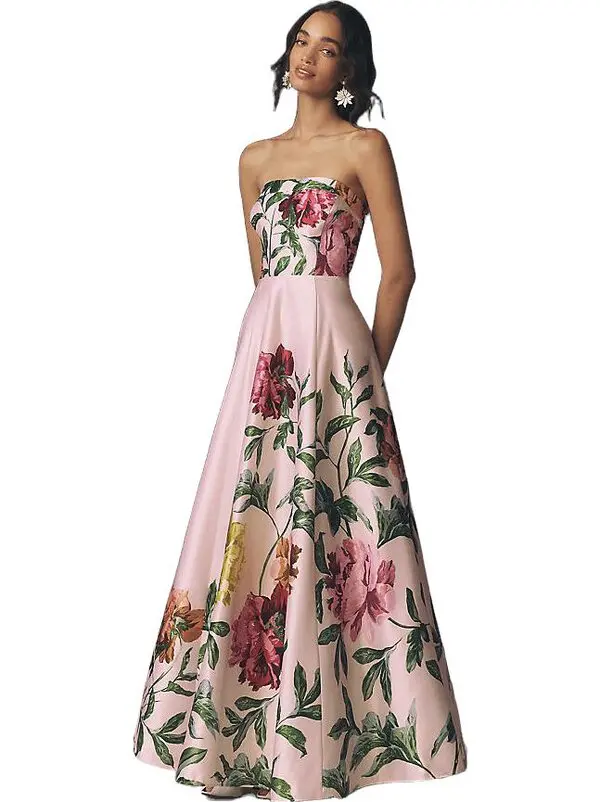 Bhldn Kira Strapless Printed Satin A-line Maxi Dress - Pink Floral