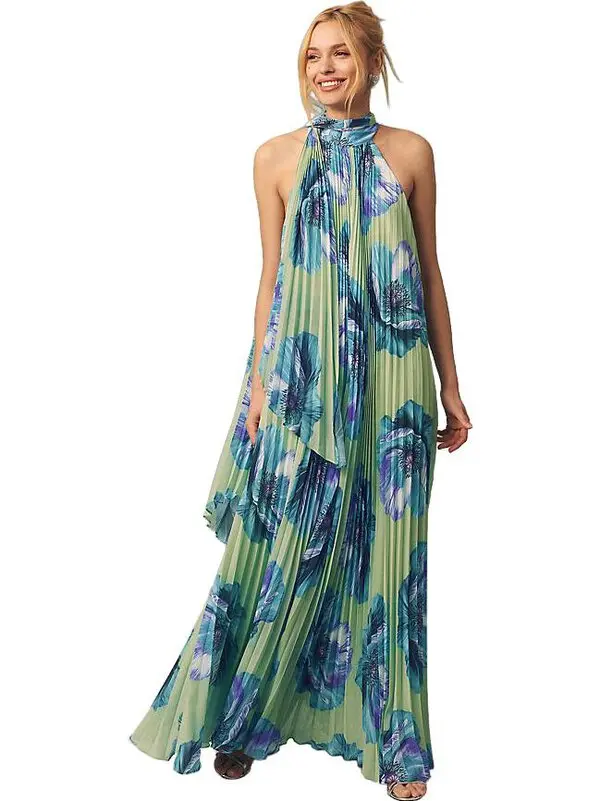 Bhldn Rosie Mock-neck Pleated Chiffon Maxi Dress - Green Floral
