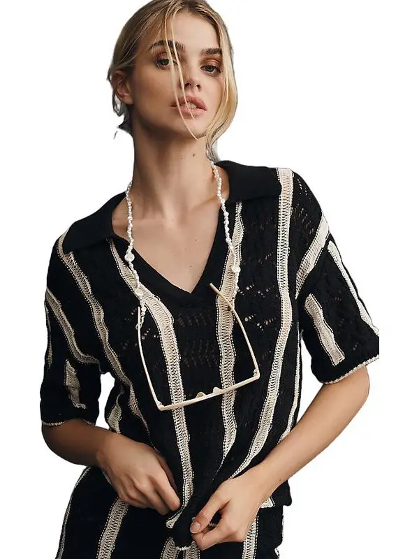 Central Park West Short-sleeve Striped Sweater - Black & White Pattern