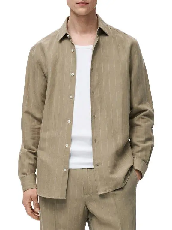 Mango Regular Fit Stripe Linen & Cotton Button-up Shirt - Khaki