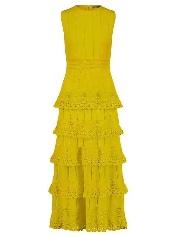 Lela Rose Crochet Ruffle Knit Piper Dress - Yellow