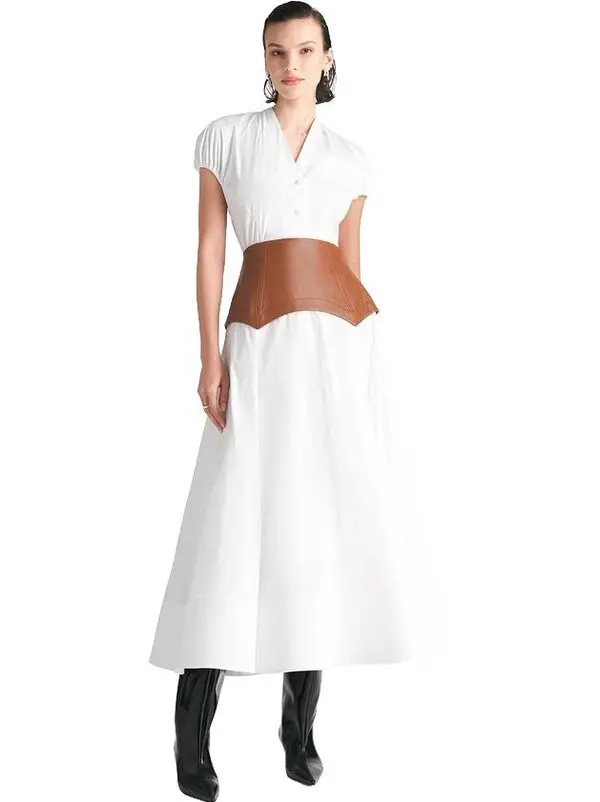 Lela Rose Cotton Poplin Full Skirt With Leather Waistband - Neutral