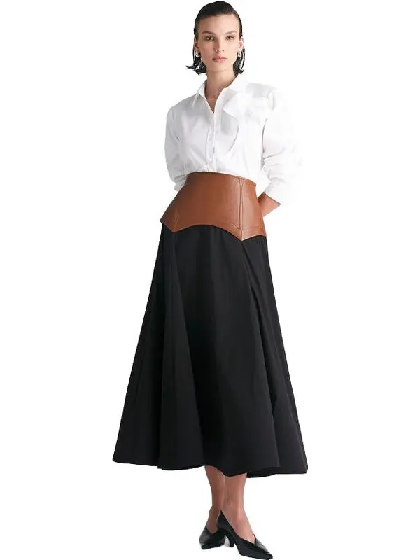 Lela Rose Cotton Poplin Full Skirt With Leather Waistband - Black