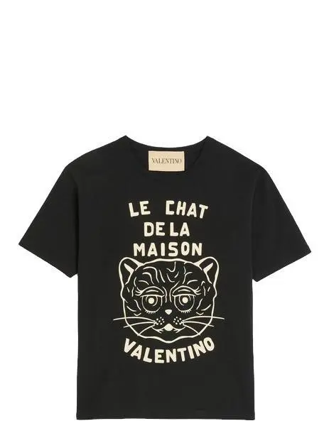 Valentino Garavani Cotton T-shirt With Le Chat De La Maison Print - Black