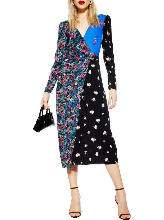 Topshop Grand Estate Mix Midi Dress - Blue Multi