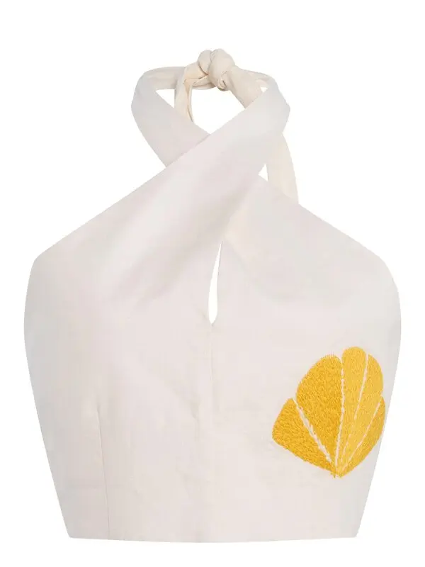 CALA DE LA CRUZ Ivy Embroidered Linen Halter Top - White