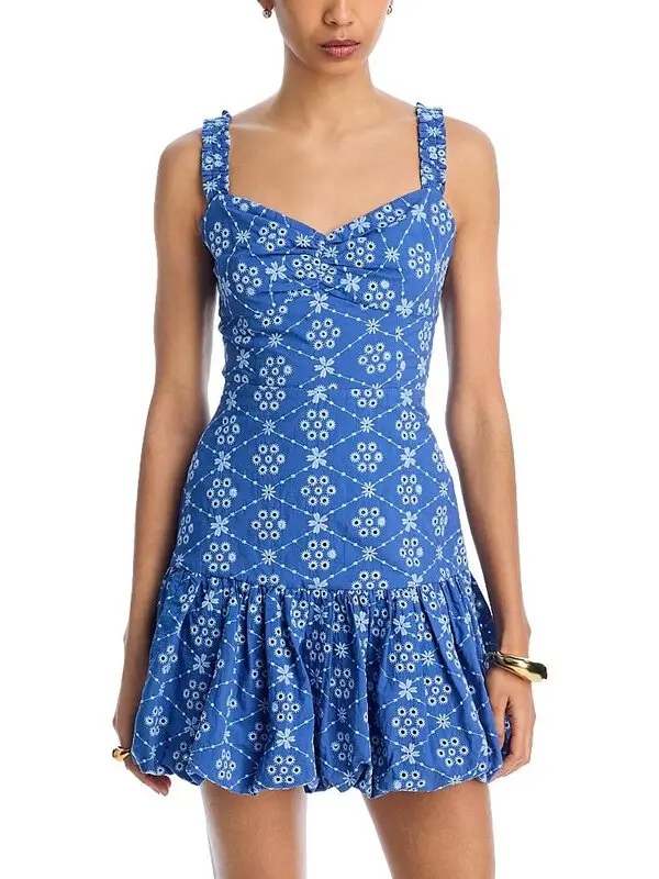 Aqua Eyelet Bubble Hem Mini Dress -exclusive - Blue/white