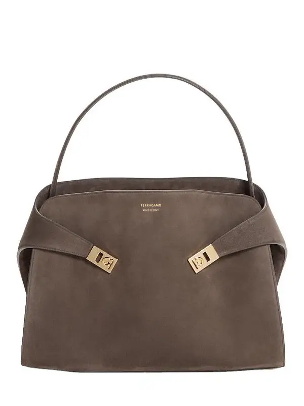 FERRAGAMO Hug Suede Top Handle Bag - Concrete
