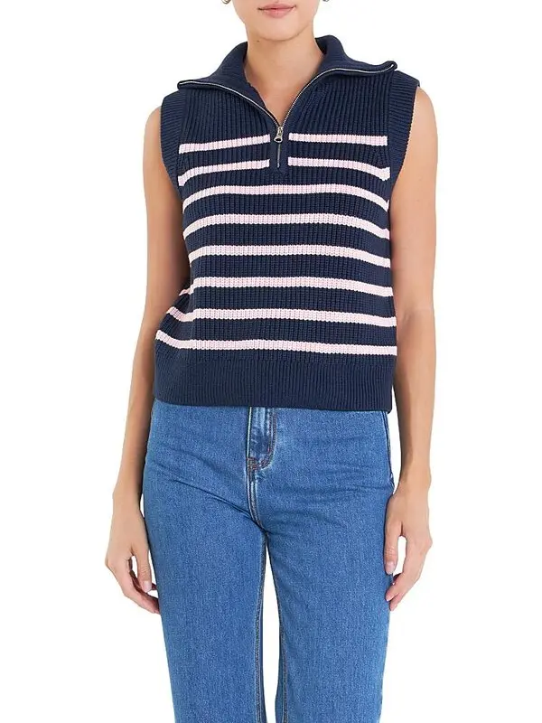 English Factory Stripe Sleeveless Knit Top - Navy And Pink