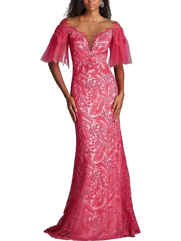 Tadashi Shoji Ryn Embroidered Tulle Illusion Gown - Pink