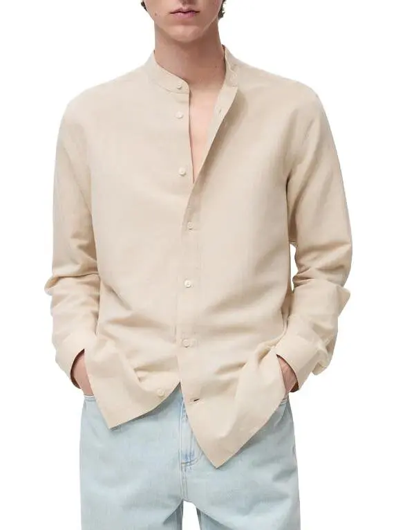 Mango Band Collar Linen Blend Button-up Shirt - Sand