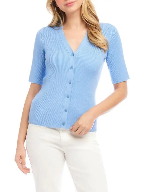 Karen Kane Ribbed Short Sleeve Cardigan - Lake