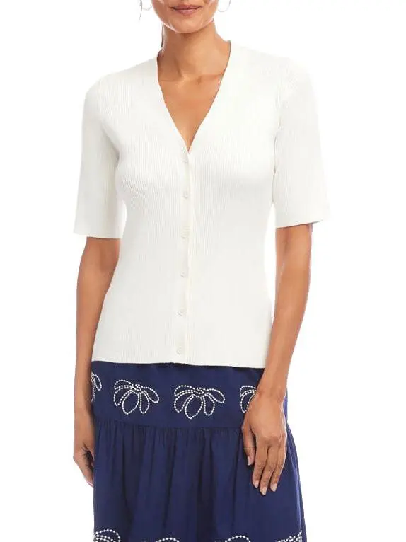 Karen Kane Ribbed Short Sleeve Cardigan - White