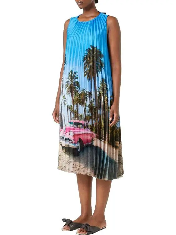 Marina Rinaldi Madera Print Pleated Midi Dress - Sky Blue